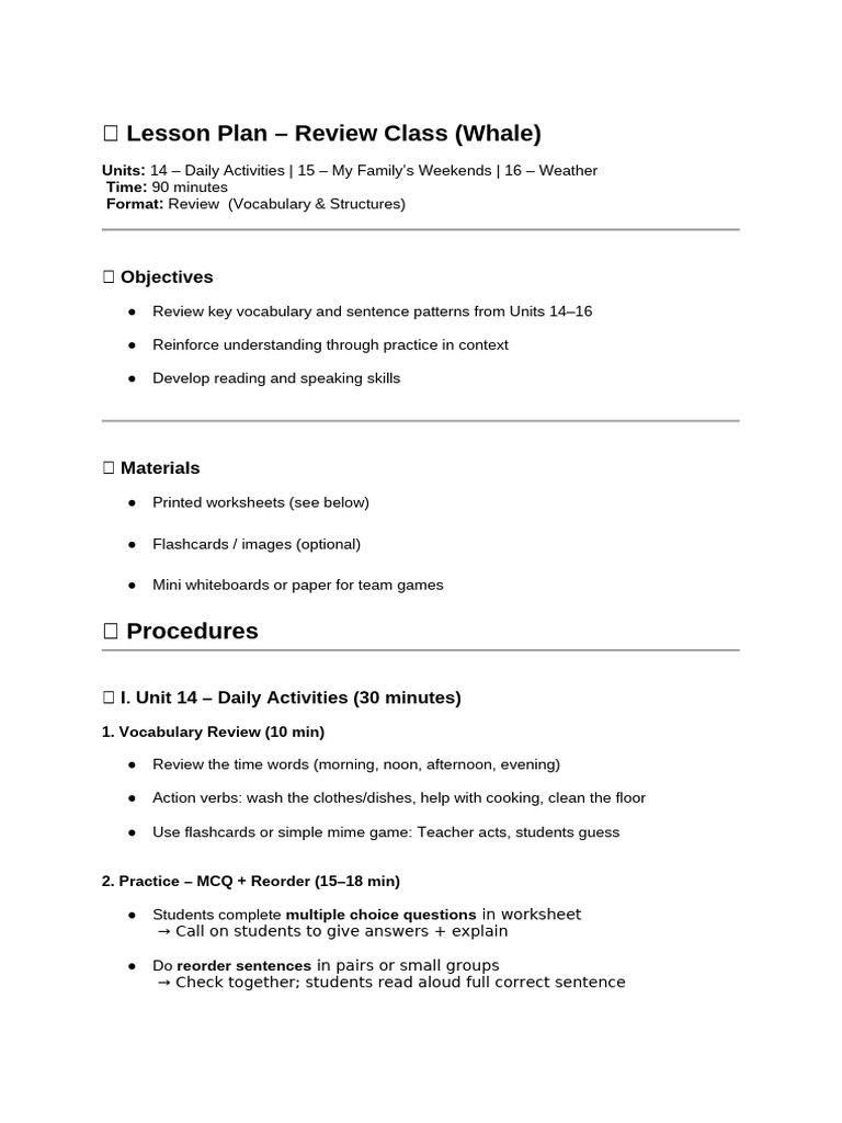 Review Class Lesson Plan: Units 14-16 | PDF | Multiple Choice | Grammar