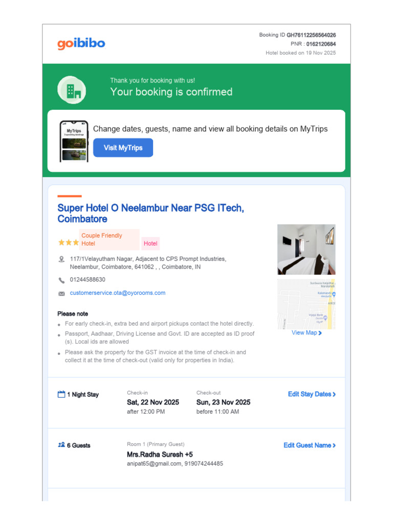 Coimbatore Hotel Booking Confirmation | PDF