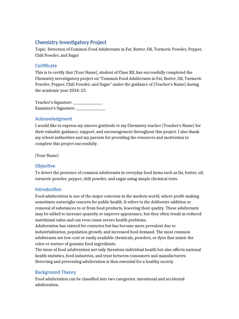 Chemistry Investigatory Project Food Adulteration Extended | PDF ...