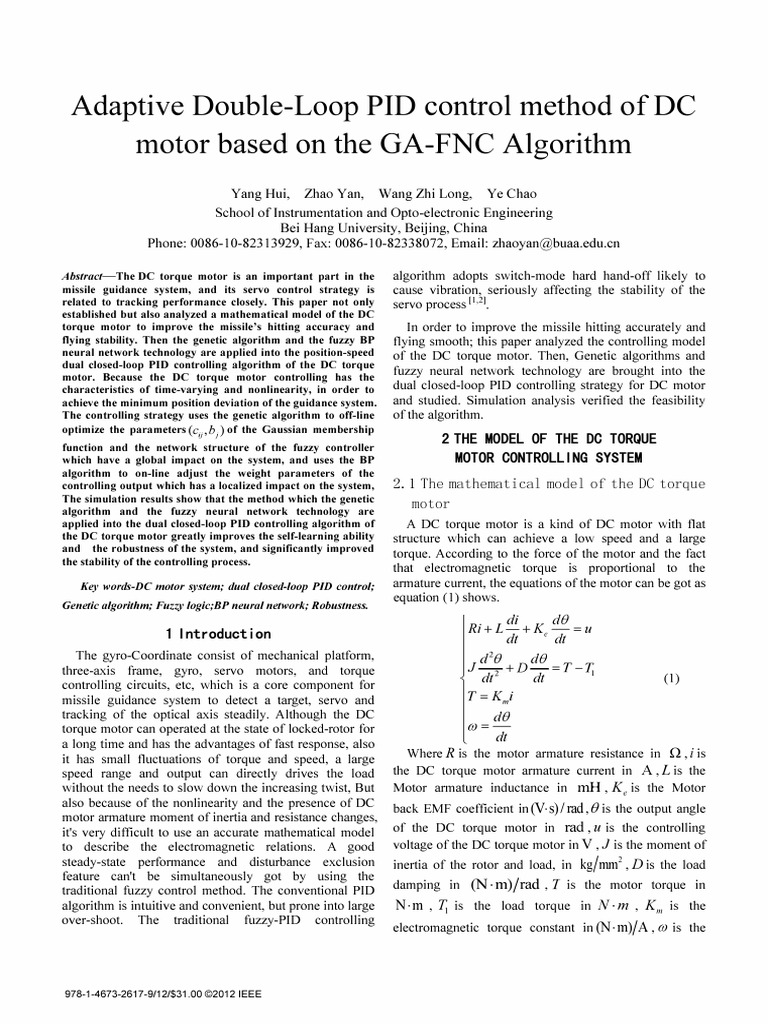 Adaptive Double-Loop PID Control Method of DC Motor Based On The GA-FNC ...