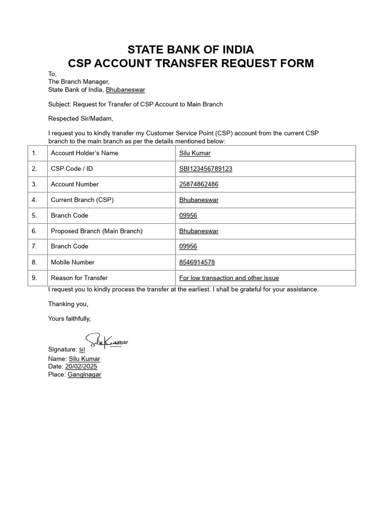 SBI CSP Account Transfer Request Form | PDF