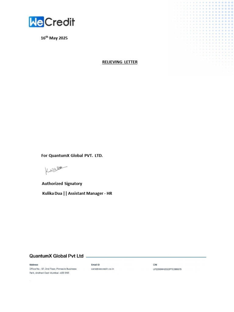 We Credit Relieving Letter | PDF
