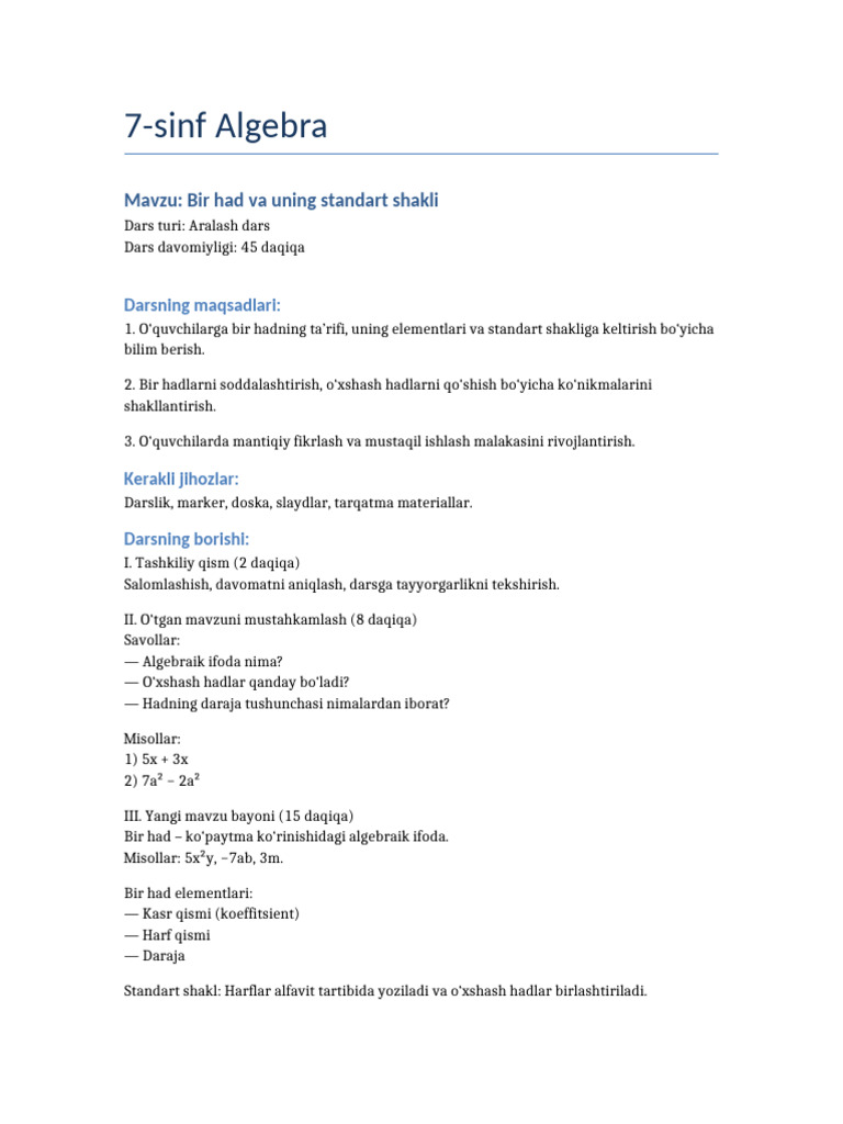 7-Sinf Bir Had Standart Shakl Dars Ishlanma | PDF