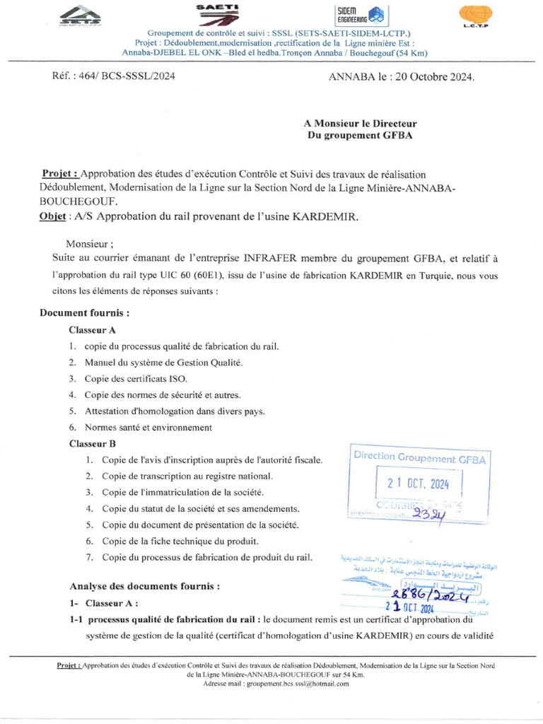 464-BCS-SSSL-2024 Du 20.10.2024 À GFBA As Approbation Du Rail Provenant ...