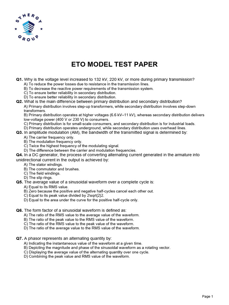 ETO Model Test Paper | PDF | Rectifier | Electrical Impedance