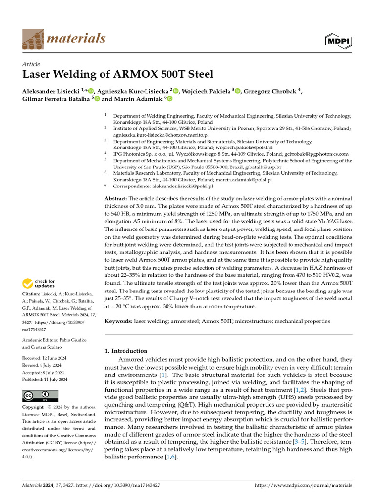 Laser Welding of Armox 500T Steel | PDF | Welding | Construction