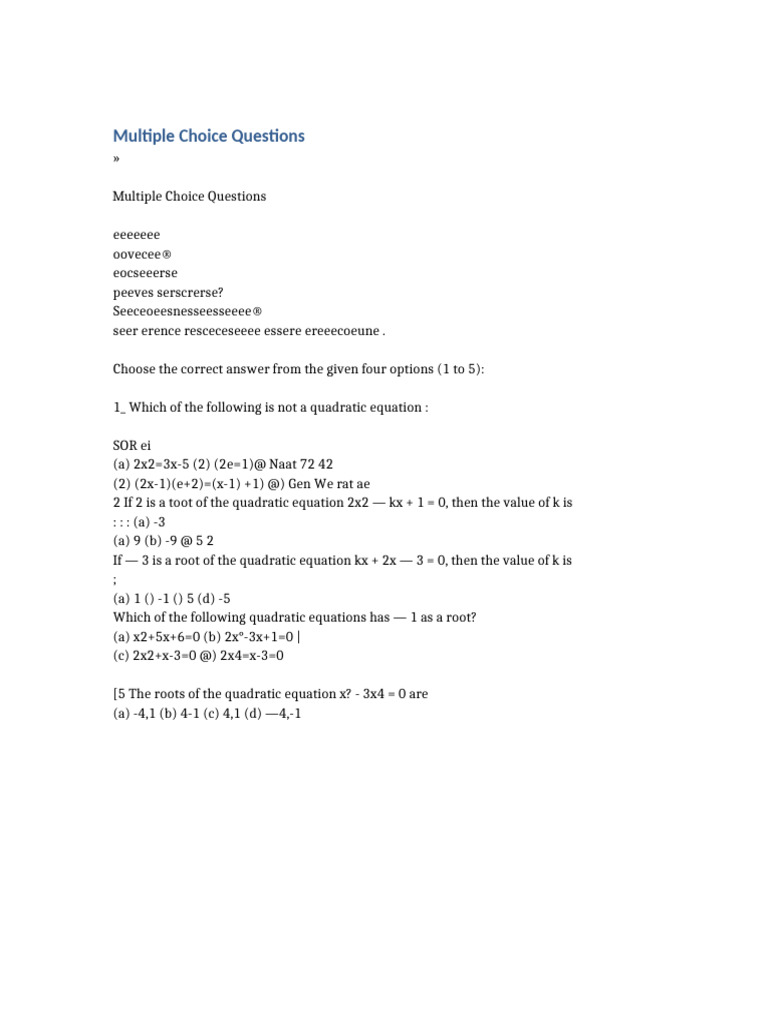 Quadratic Equation MCQs for Students | PDF