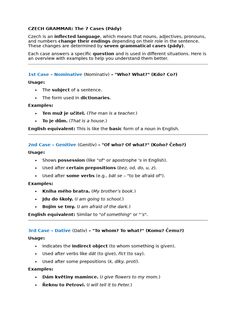 Czech Grammar 7 Cases Pády | PDF | Syntax | Linguistic Morphology