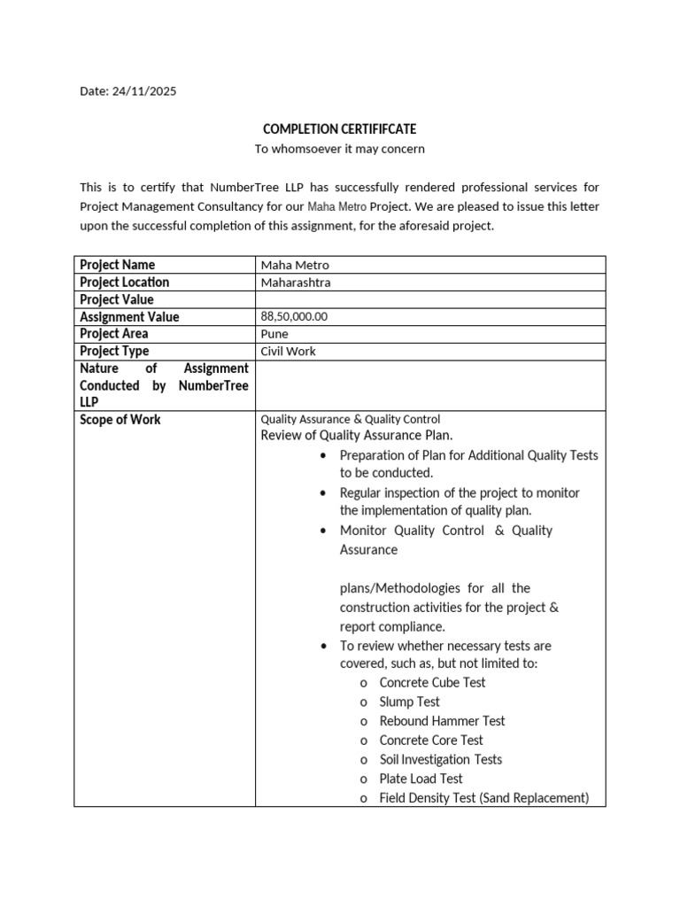 Completion Certificate Format | PDF | Specification (Technical Standard ...
