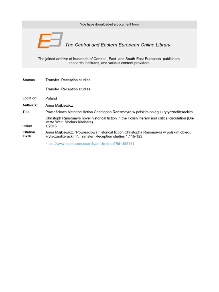 Christoph Ransmayrs Novel Historical Fiction in the Polish Literary and ...