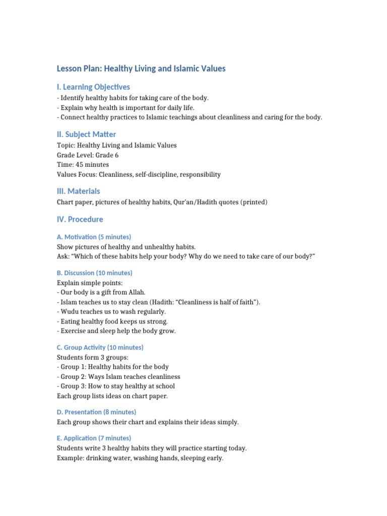 Healthy Living Islamic LessonPlan | PDF