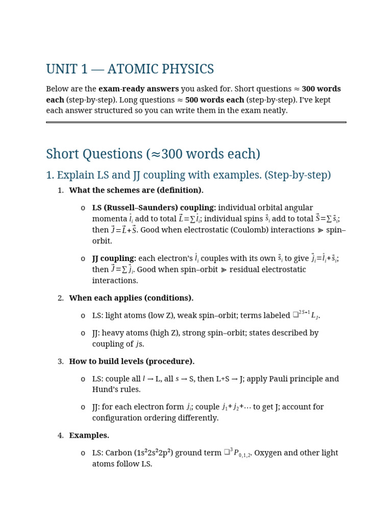 Atomic Physics Exam Answers Guide | PDF | Spin (Physics) | Hartree–Fock ...