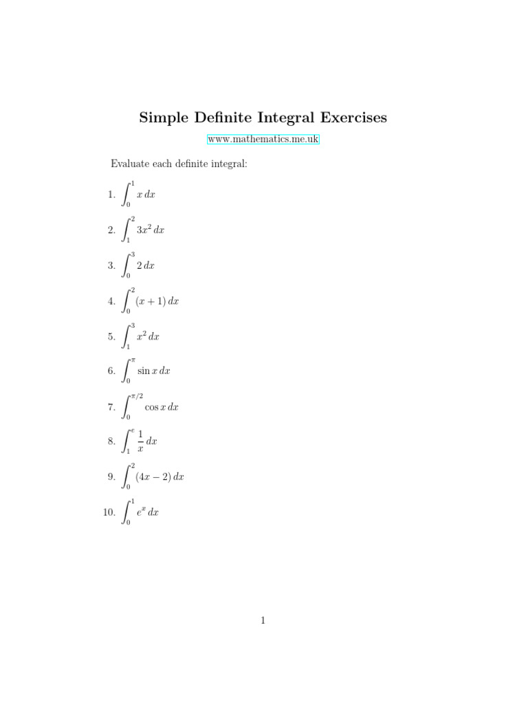 Simple Definite Integrals Exercises | PDF