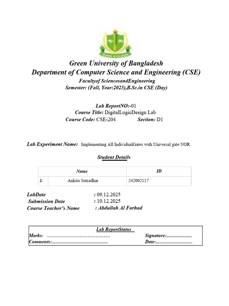 DLD Lab report 1 (1).pdf (3) (2) (1).pdf_20251209_190711_0000 | PDF | Logic Gate | Digital ...