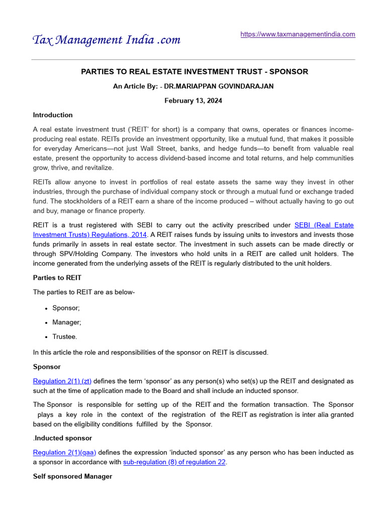Parties To Real Estate Investment Trust - Sponsor | PDF | Real Estate ...