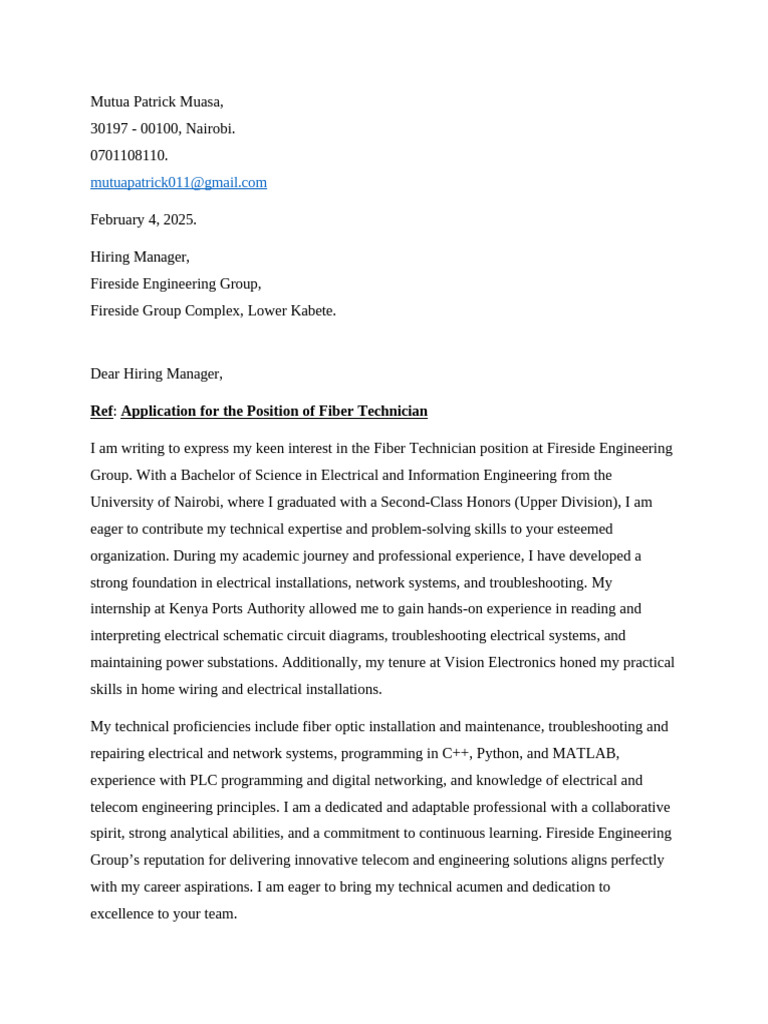 Mutua Patrick Muasa Cover Letter | PDF