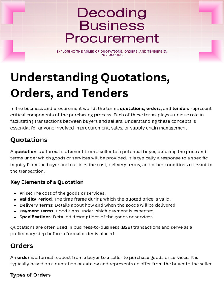 Understanding Quotations Orders and Tenders | PDF | Procurement | Sales