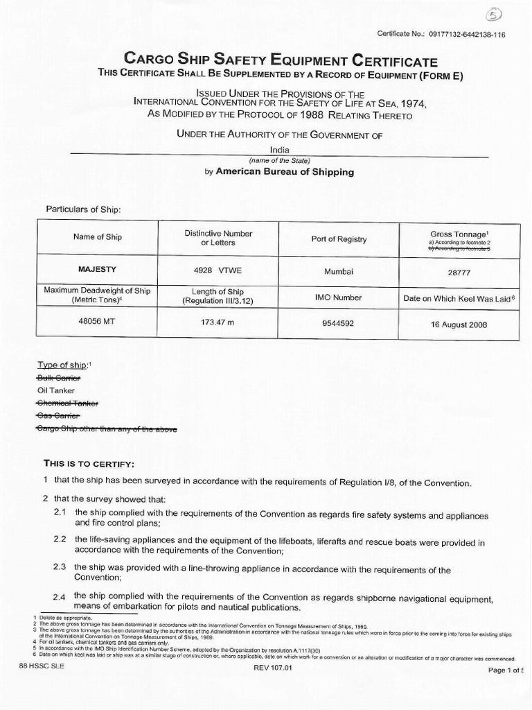 5.cargo Ship Safety Equipment Certificate | PDF
