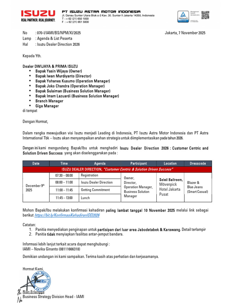 Isuzu Dealer Direction 2026 Invitation | PDF
