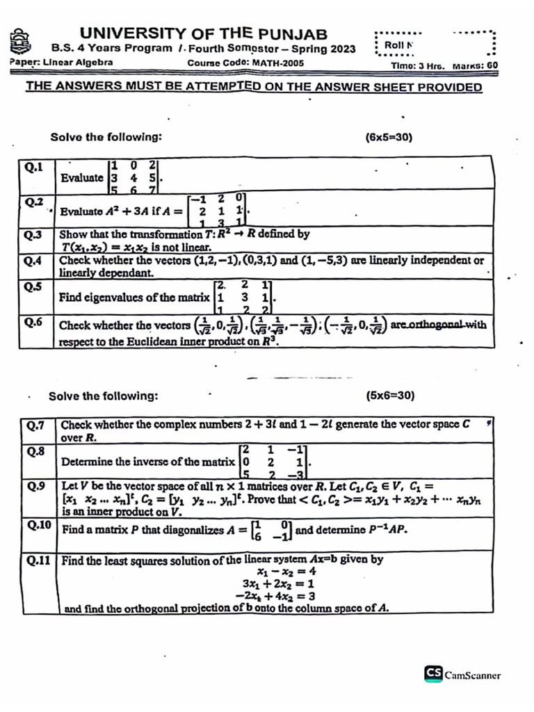 Linear Algebra Spring 2023 (Solved) | PDF