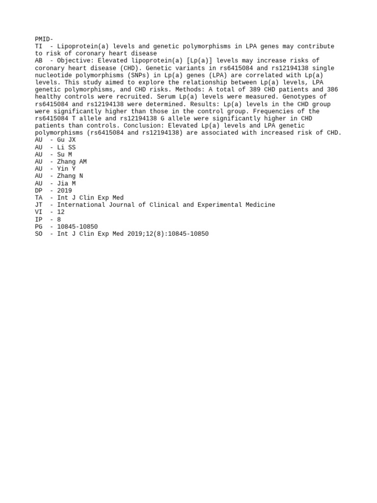 Lipoprotein (A) Levels and Genetic Polymorphisms in LPA Genes May ...