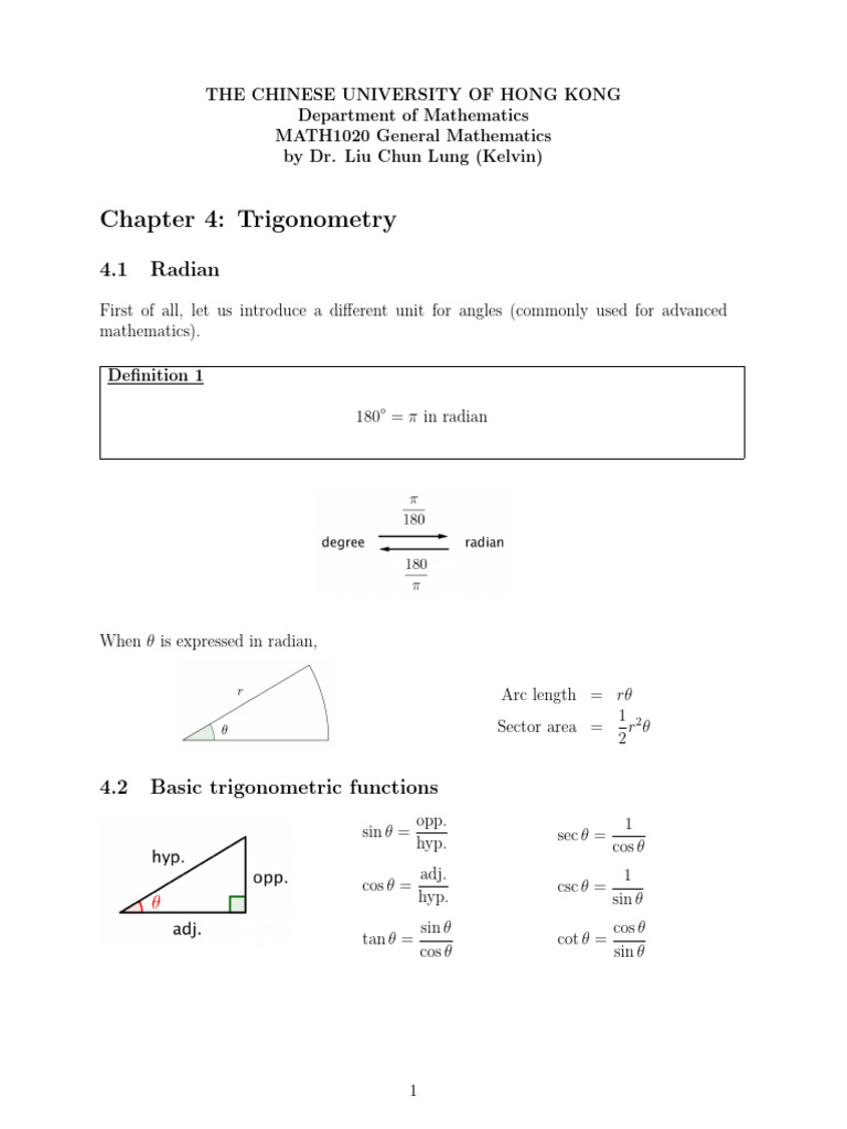 MATH1020 Chapter 4 | PDF | Trigonometric Functions | Trigonometry
