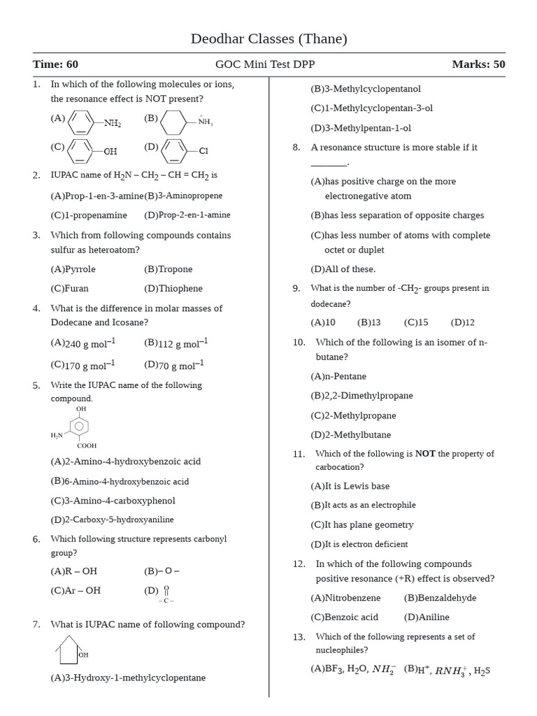 GOC Mini Test DPP | PDF | Mole (Unit) | Aromaticity