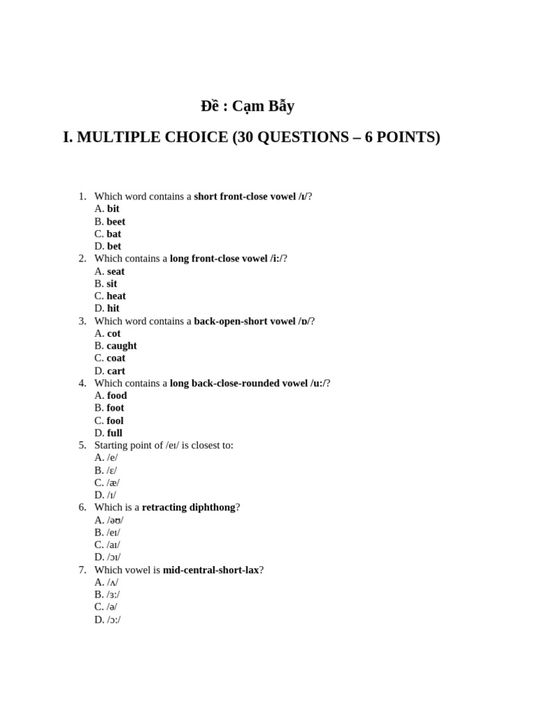 Vowel and Consonant Phonetics Quiz | PDF | Syllable | Consonant