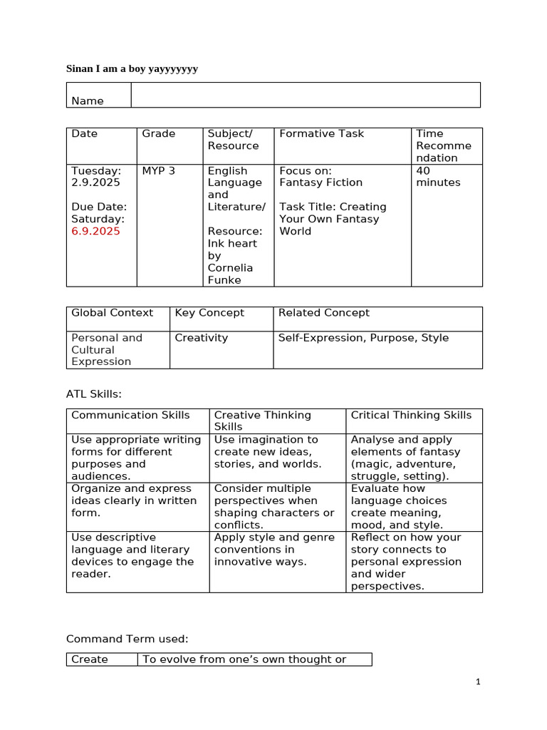 MYP 3 Unit 1 Formative Task Fantasy Fiction Writing Due Date 6 ...
