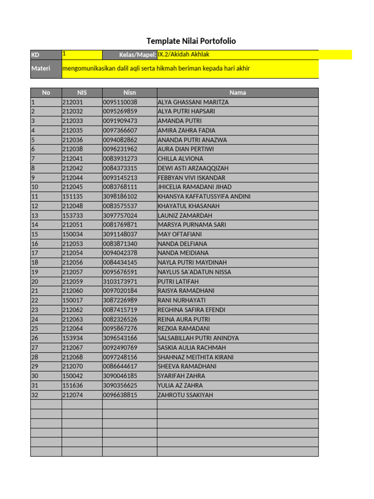 Template Nilai Portofolio Akidah Akhlak | PDF