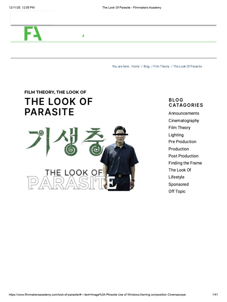 The Look of Parasite - Filmmakers Academy | PDF | Lighting | Cinematography