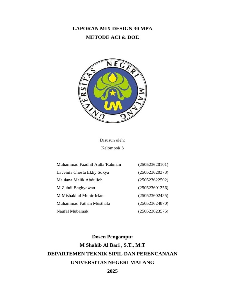 Laporan Mix Design Beton 30 MPa ACI & DOE | PDF