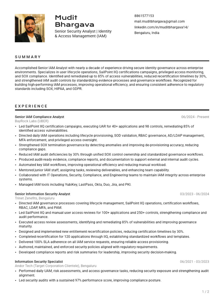 Senior IAM Analyst Resume Overview | PDF | Audit | Regulatory Compliance