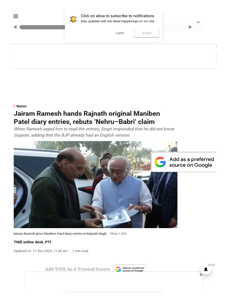 Jairam Ramesh Hands Rajnath Original Maniben Patel Diary Entries ...