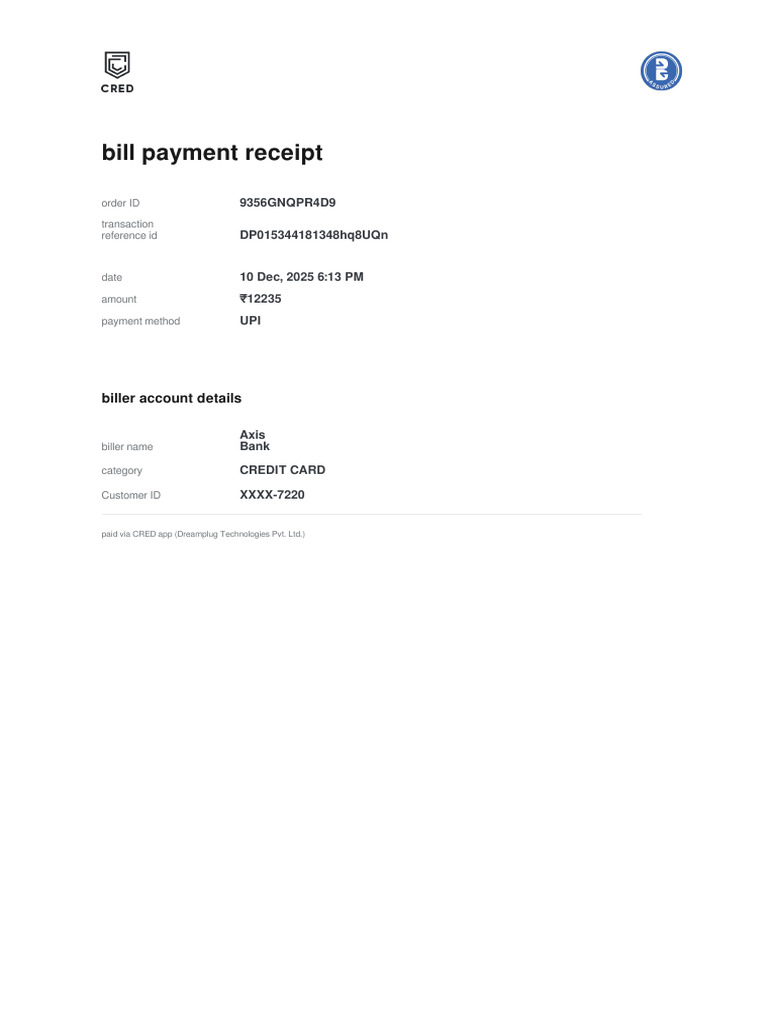 Bill Payment Receipt for Axis Bank | PDF
