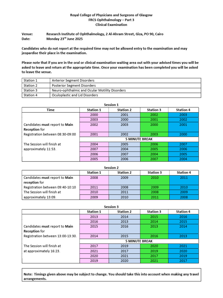FRCS Ophthalmology Exam Schedule 2025 | PDF | Ophthalmology | Medical ...