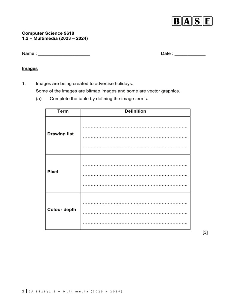 BASE CS 9618 (P1) - 1.2 - Multimedia (2023 - 2024) | PDF | Video | Pixel