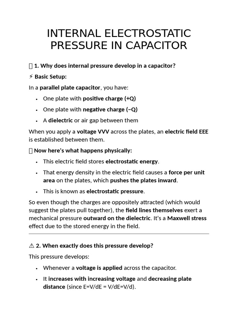 Understanding Electrostatic Pressure in Capacitors | PDF | Capacitor ...