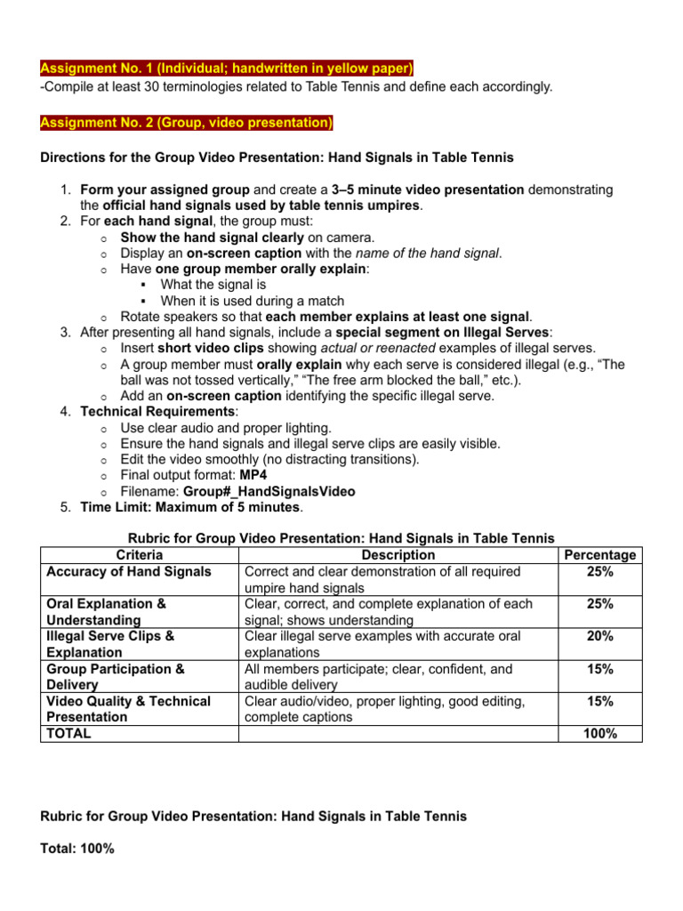 Table Tennis Terminology & Hand Signals | PDF