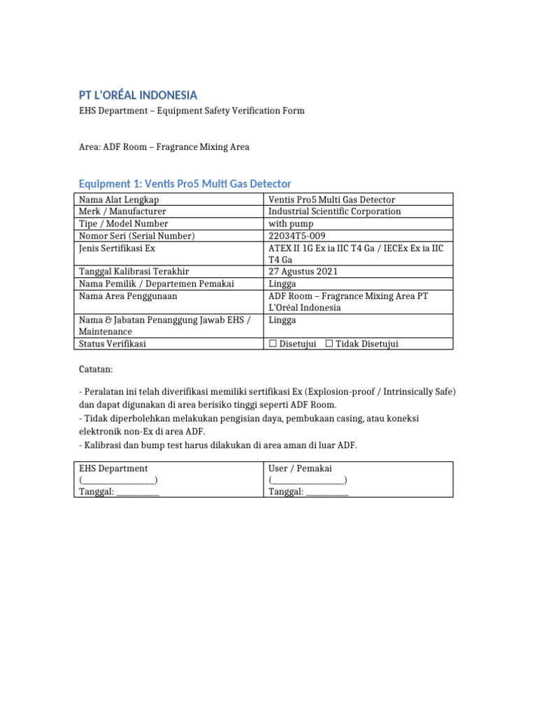 Equipment Safety Verification Form Loreal ADF VentisPro5 RadiusBZ1 (1 ...