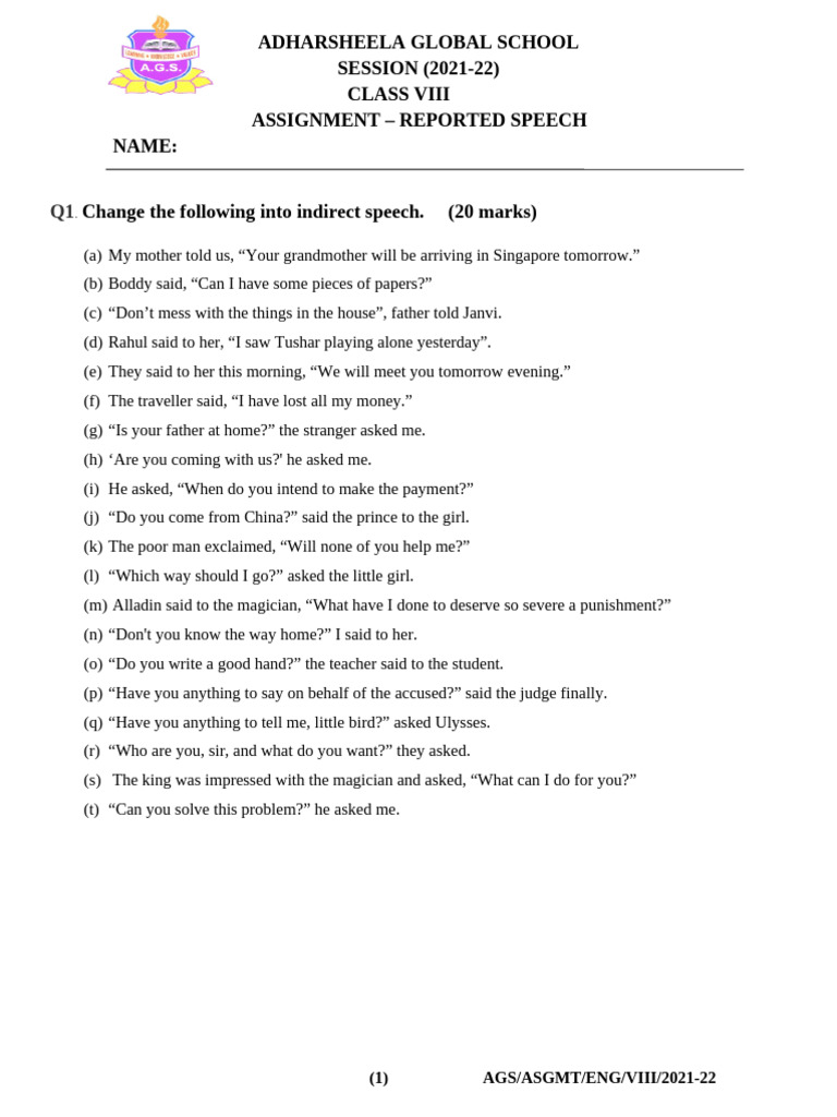 Reported Speech Assignment for Class VIII | PDF