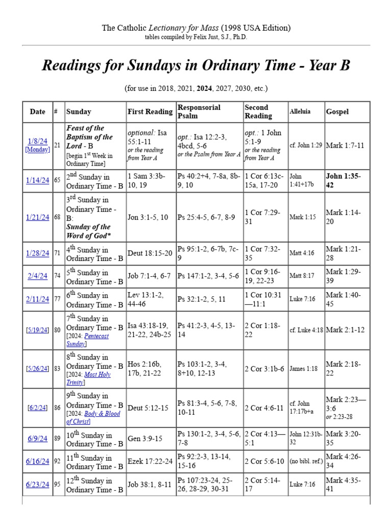 Readings For Sundays in Ordinary Time, Cycle B - Lectionary For Mass ...