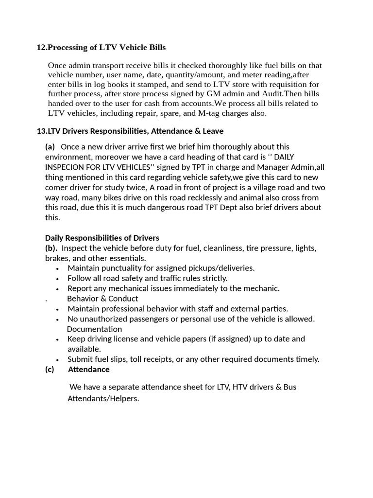 LTV Vehicle Bill Processing & Driver Duties | PDF
