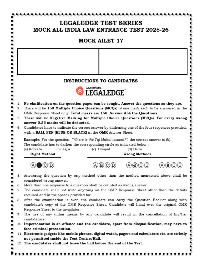 Mock AILET 17 Question Paper 20266360024 | PDF | Multiple Choice ...