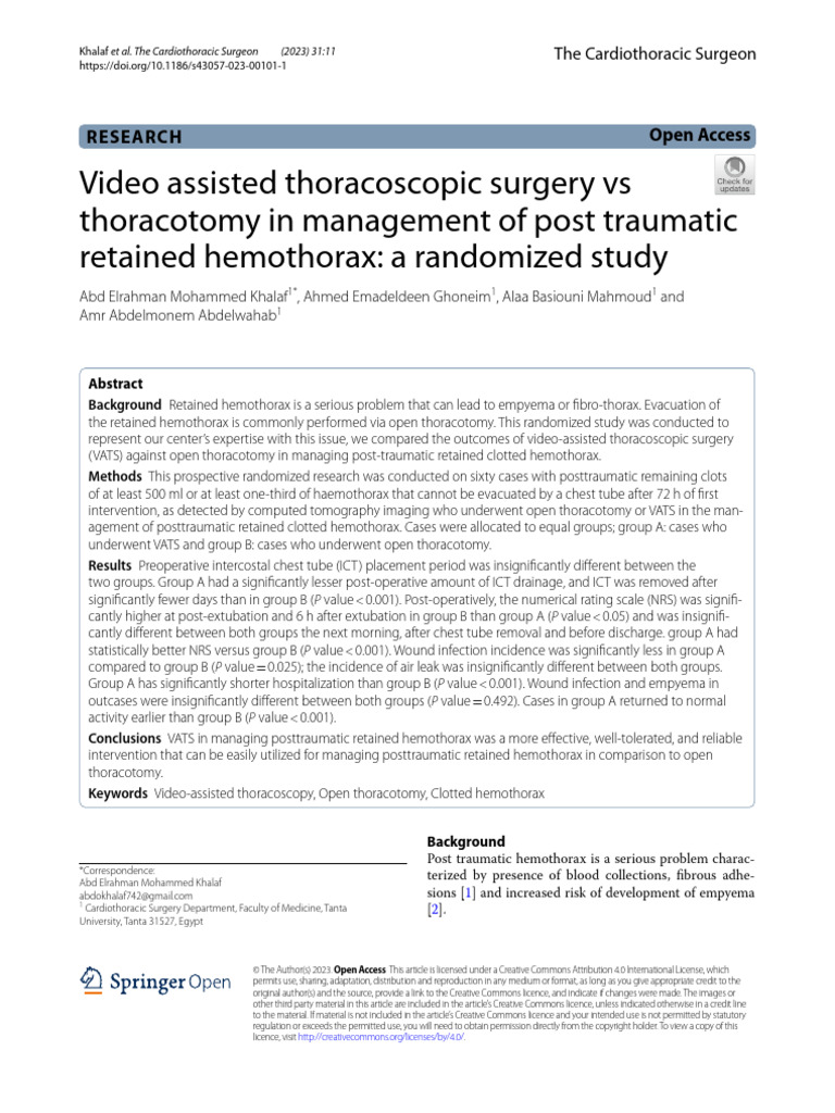 VATS vs Thoracotomy for Retained Hemothorax | PDF | Surgery | Medical ...