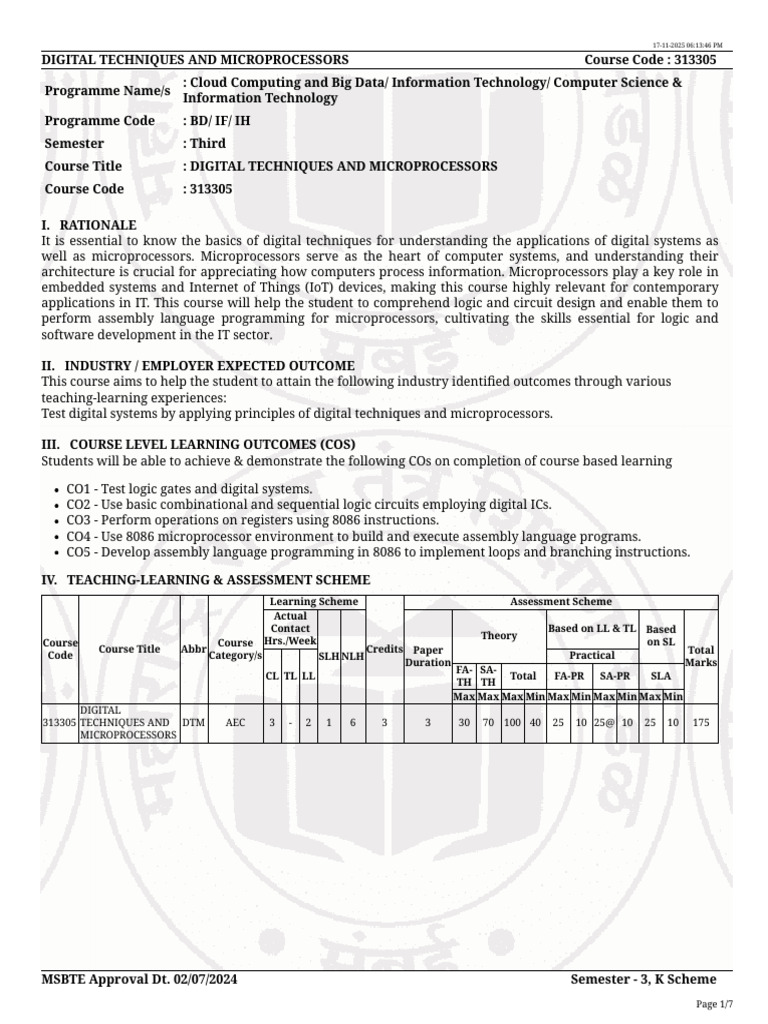 313305-Digital Techniques and Microprocessors | PDF | Digital Electronics | Computer Science
