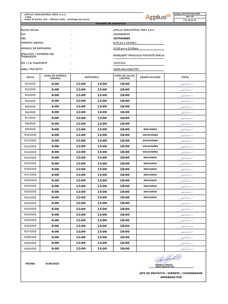 APP-GTH-For-0043 Formato de Control de Asistencia_Valorización | PDF