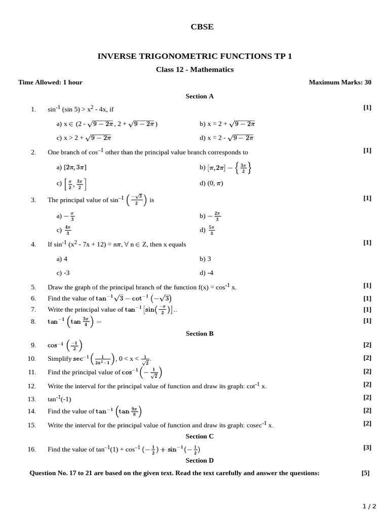Inverse Trigonometric Functions TP 1 (Basic Concepts ) | PDF ...
