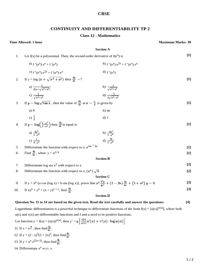 Continuity and Differentiability TP 2 (Exponential and Logarithmic Functions and Logarithmic ...