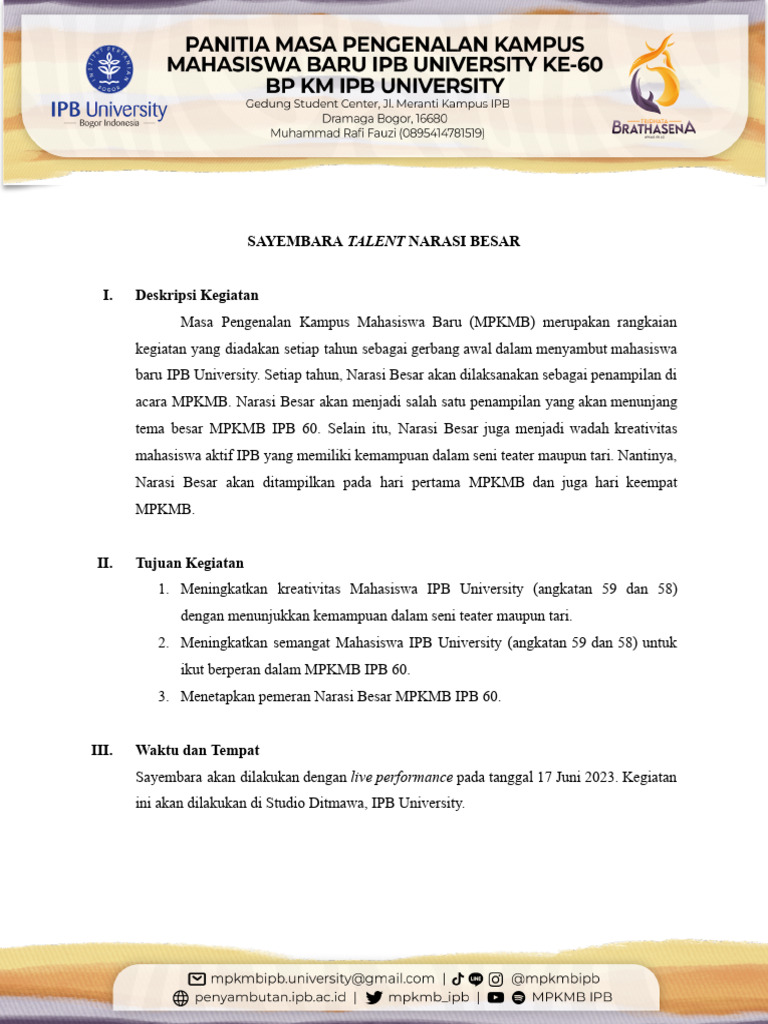 Booklet Sayembara Talent Narasi Besar MPKMB IPB 60 | PDF